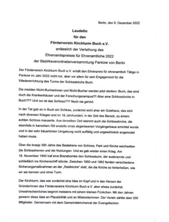Laudatio Ehrenamtspreis 2022 – Evangelische Kirchengemeinde Berlin-Buch